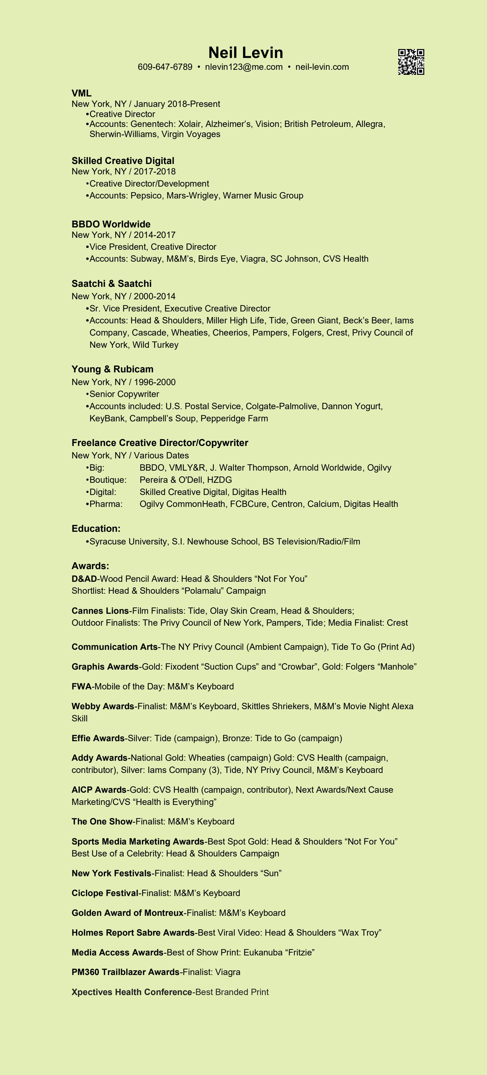 ABOUT - Neil Levin CD/Copywriter